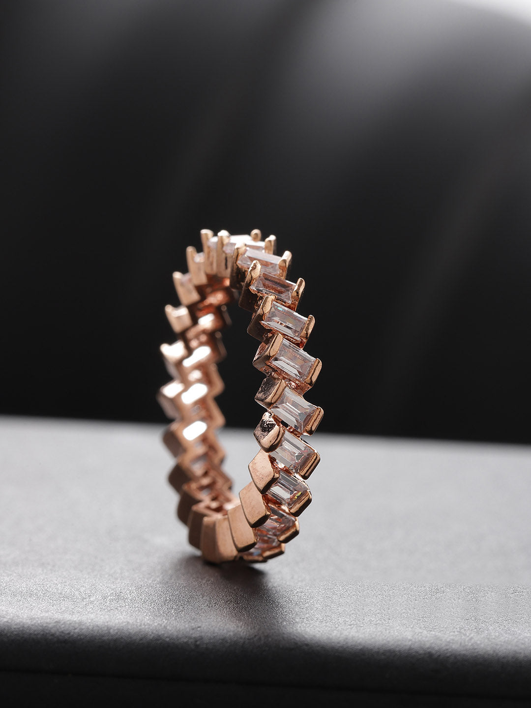 Rose Gold Plated American Diamond Studded Zig Zag Shaped Finger Ring – Priyaasi