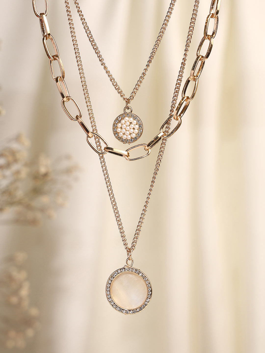 Priyaasi White Stone Three Layered Gold Plated Necklace