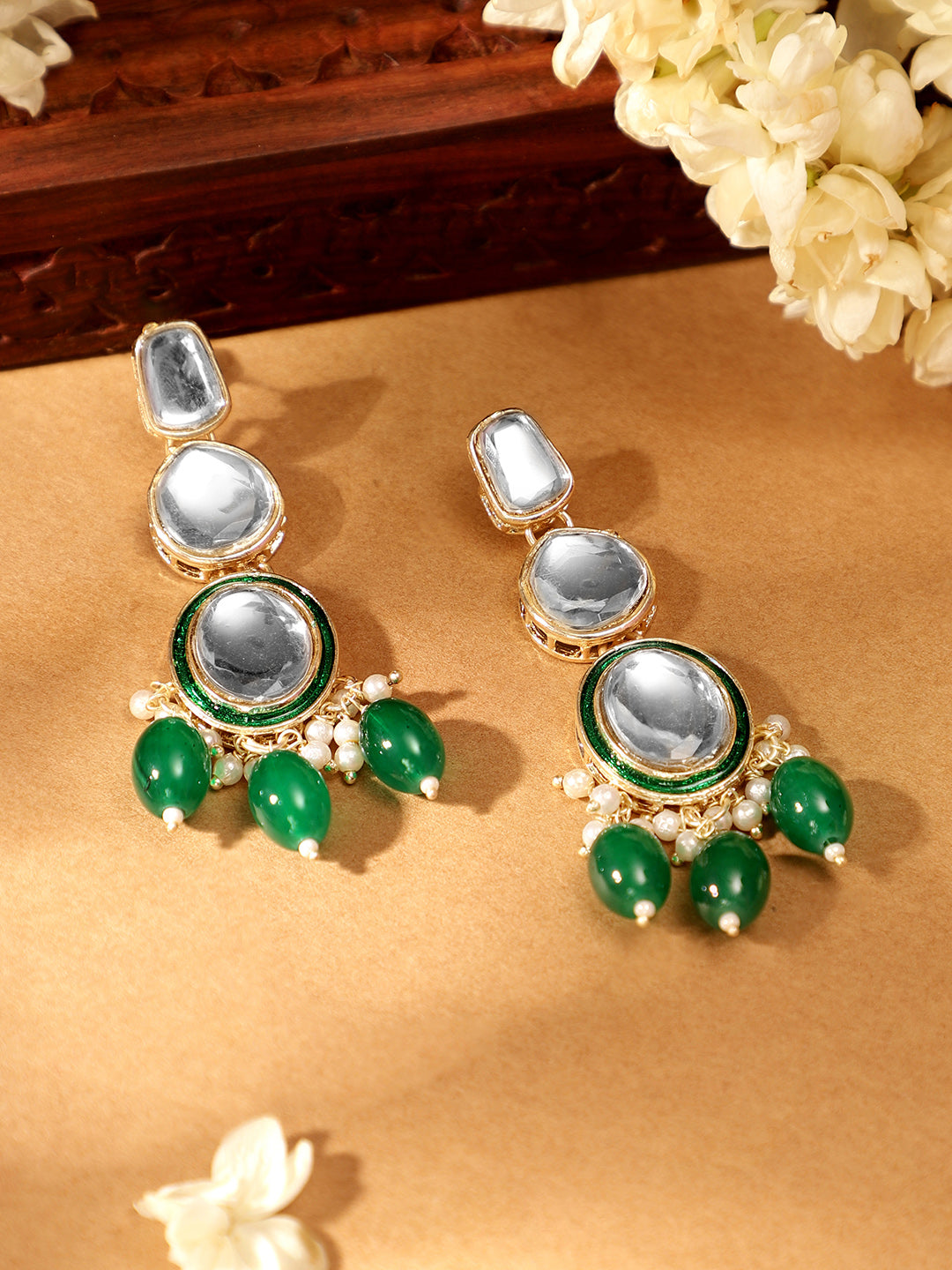 Priyaasi Geometric Shape Green beads Gold Plated drop push back earrin