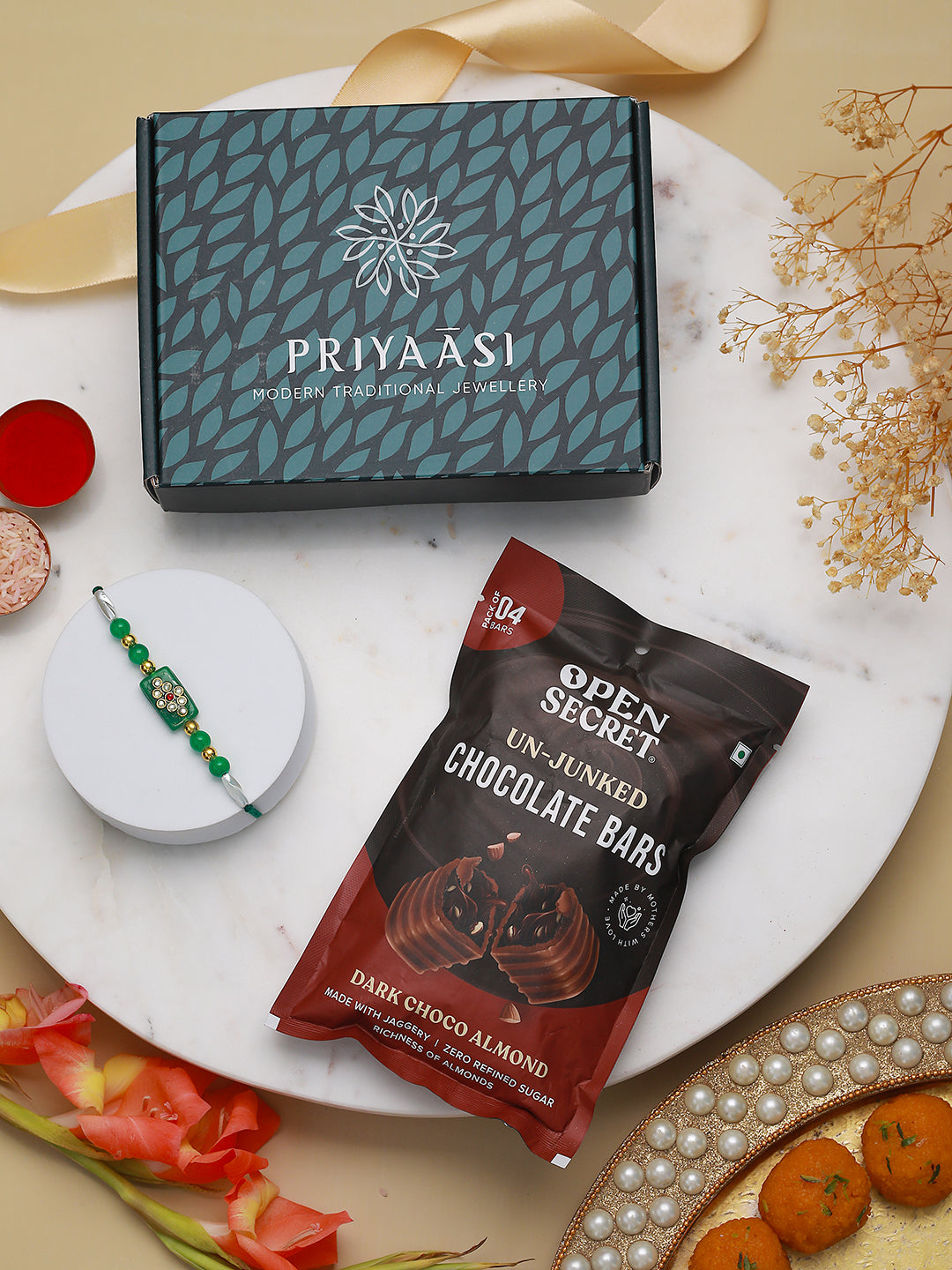 Green Studded Thread Rakhi with a Pack of Open Secret Chocolate Bars ...