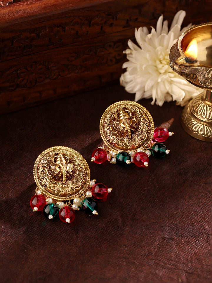 Priyaasi Temple Ruby And Green Stoned Pearl Drop Earrings