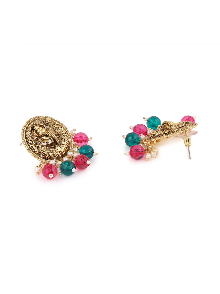 Priyaasi Temple Ruby And Green Stoned Pearl Drop Earrings