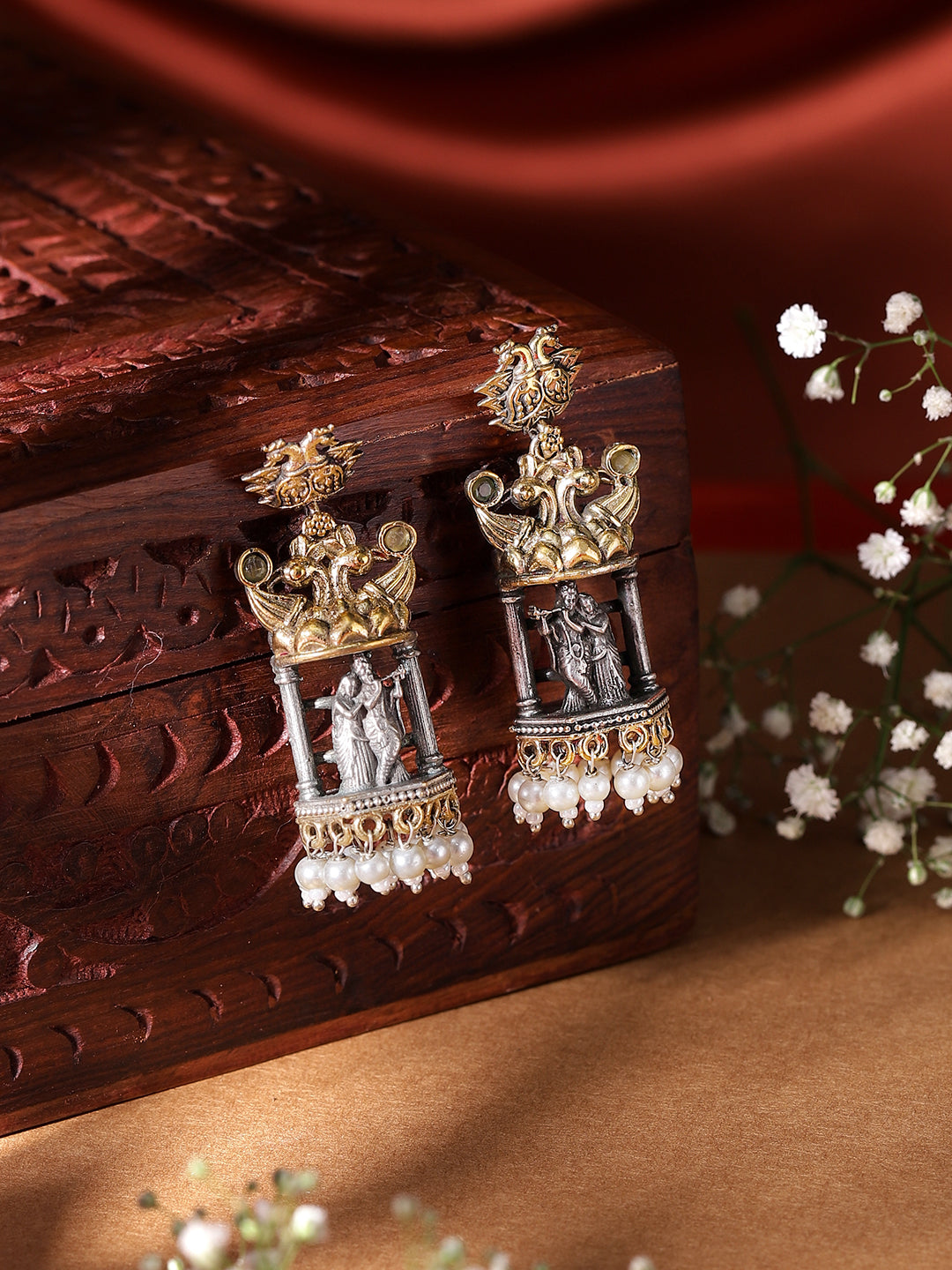 Dual-Plated God and Goddess with Mini Pearls Jhumkis Style Earrings ...