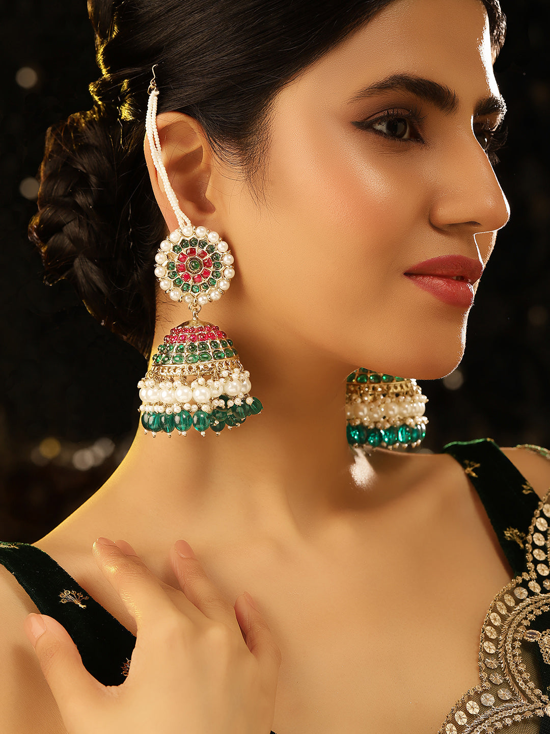 Ruby Emerald Pearl Sequence Floral Pattern Jhumkis with Pearl Ear Chai ...