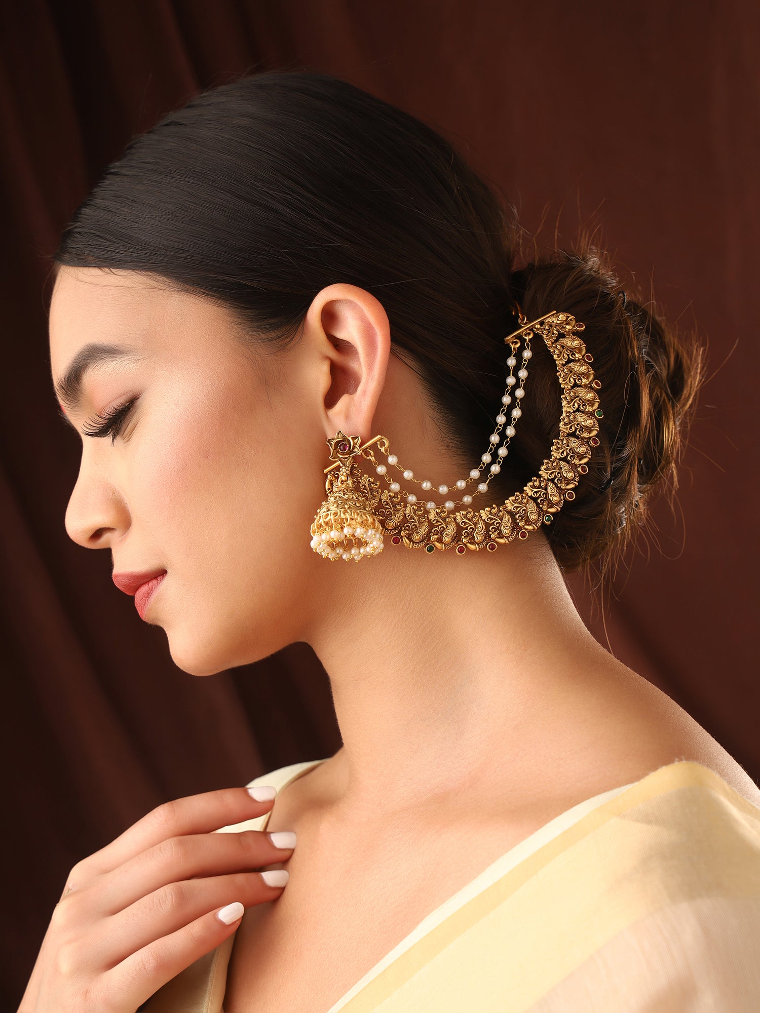 Priyaasi Temple Ruby and Green Peacock Pearl Ear Chain