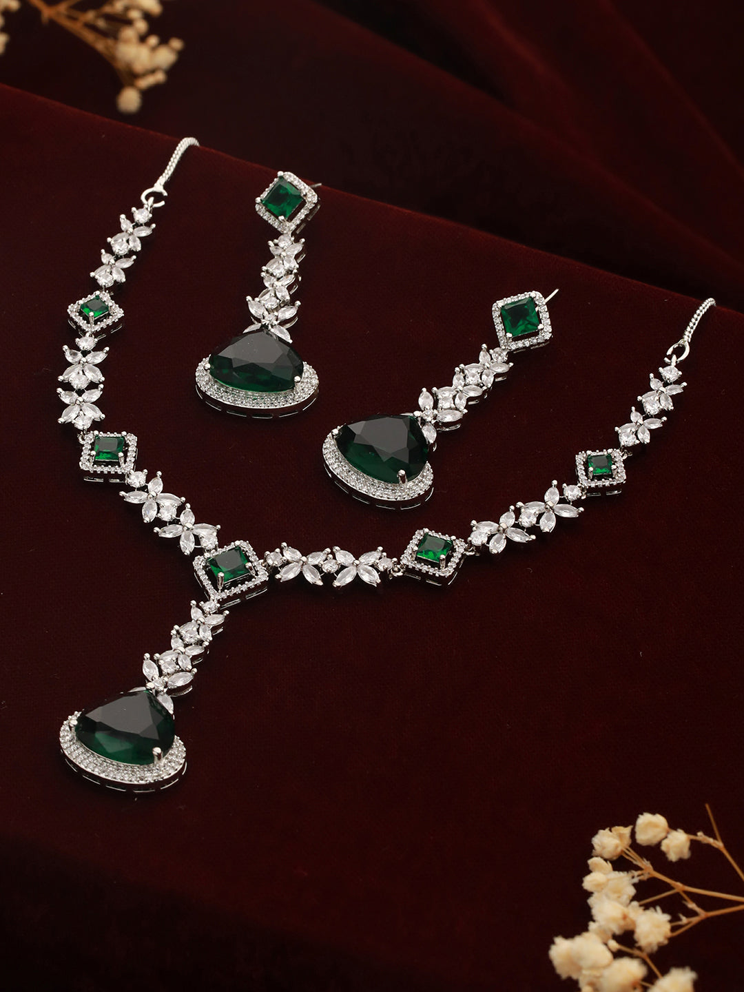 Green Floral Drop AD Silver-Plated Jewellery Set – Priyaasi