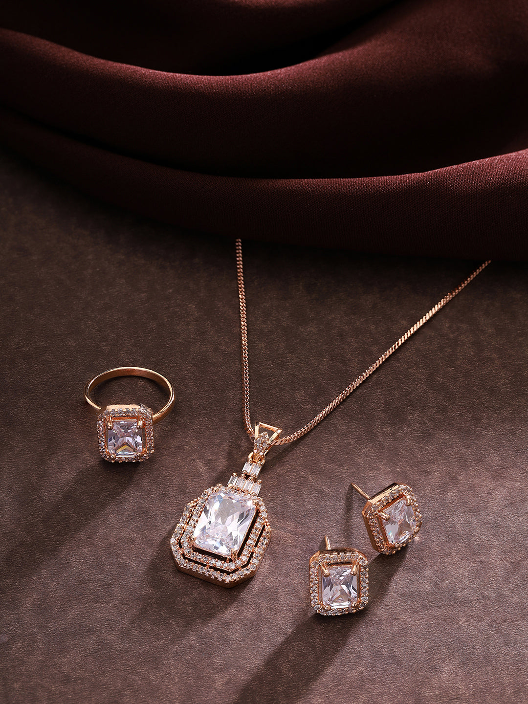 Priyaasi Radiant Rose Gold Plated American Diamond Jewellery Set with