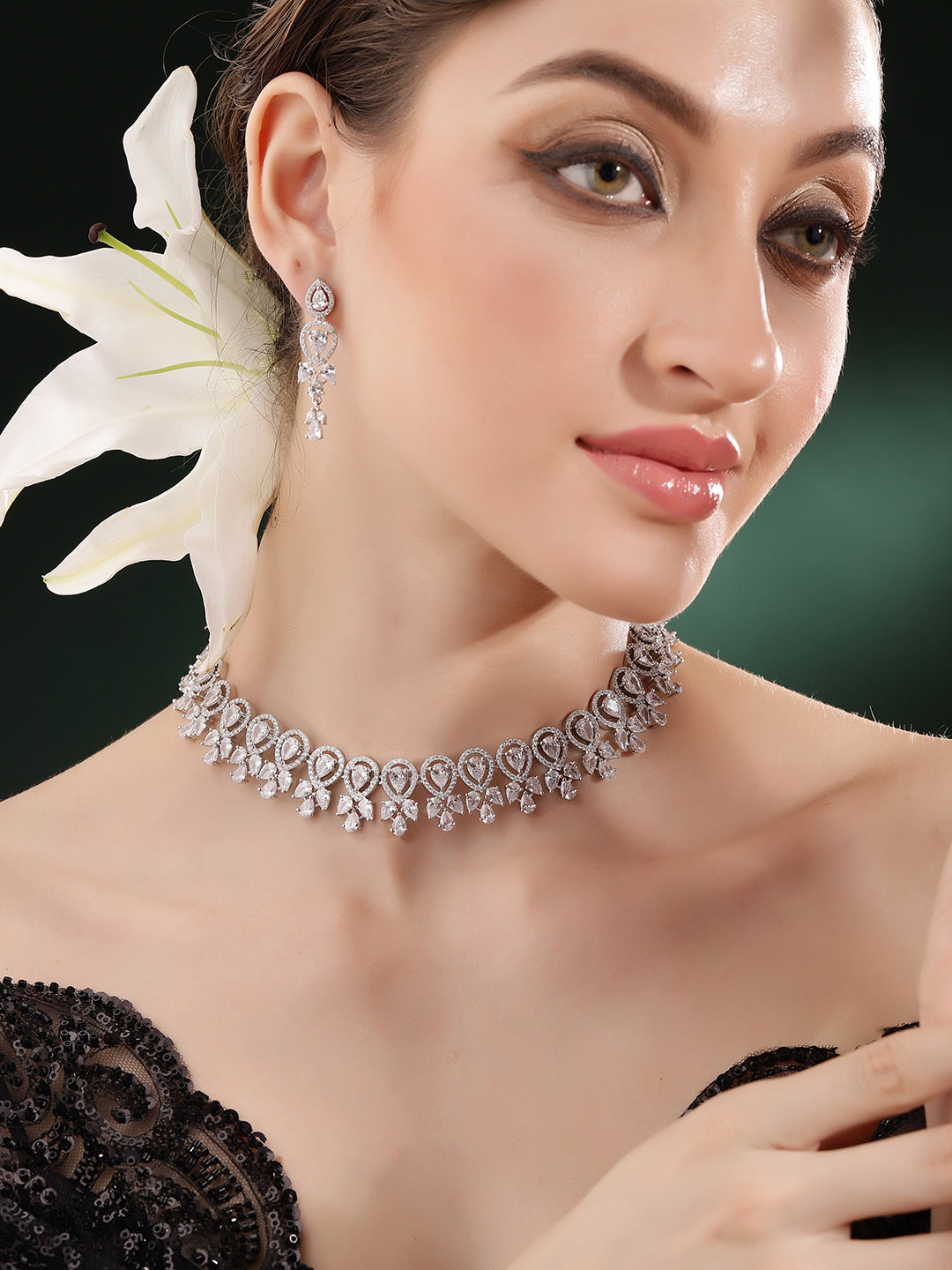 Fancy Whitestoned Statement Design Necklace with AD Drop Earrings Jewe ...