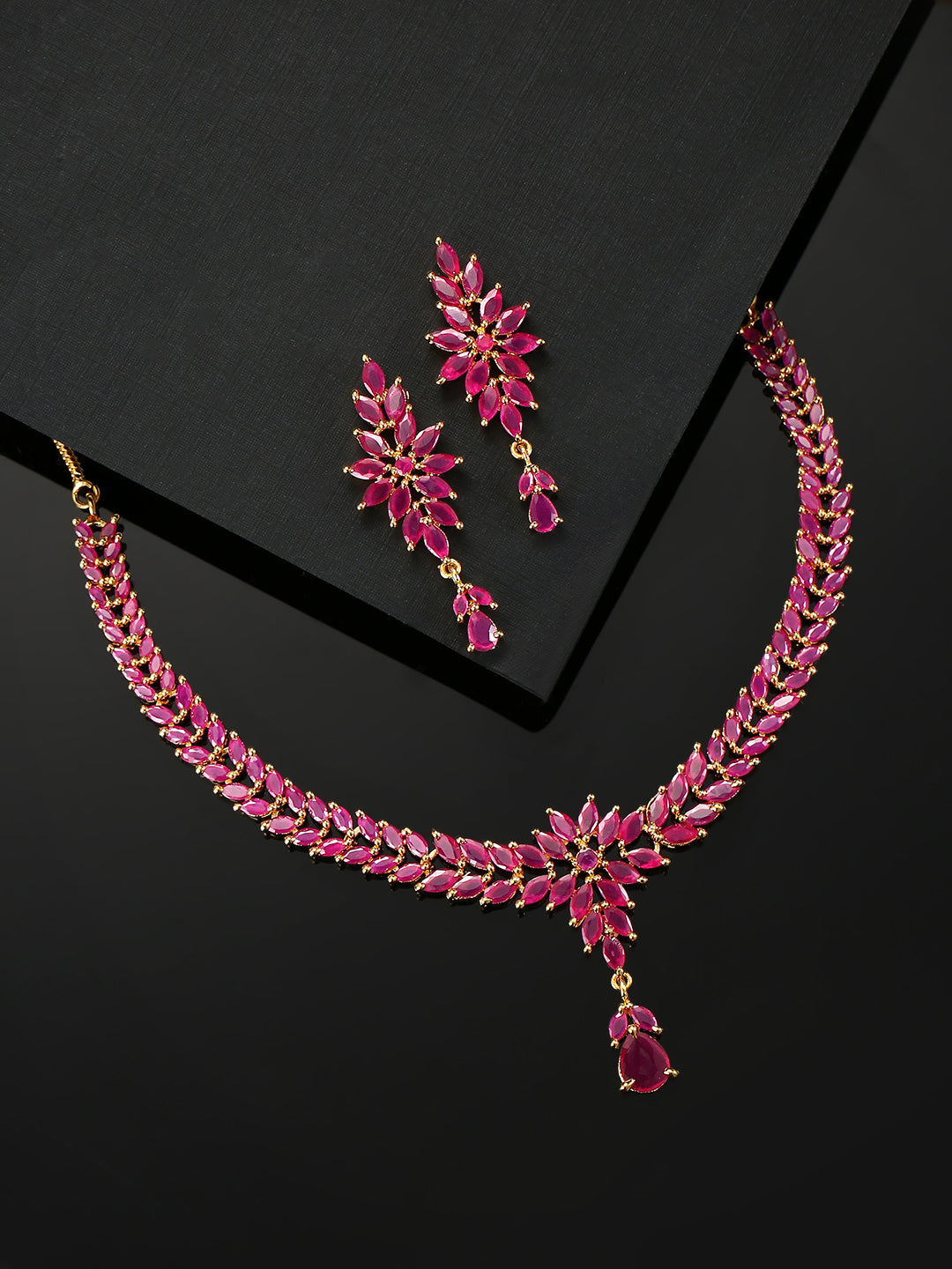 Pink Ruby Gold Plated Floral Jewellery Set – Priyaasi