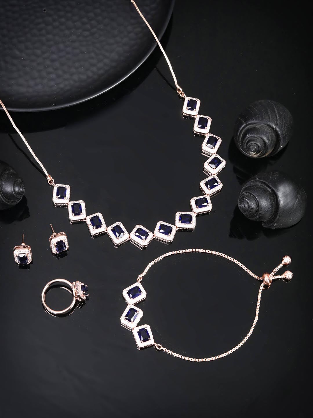 Blue American Diamond Rose Gold Plated Jewellery Set with Ring & Brace ...